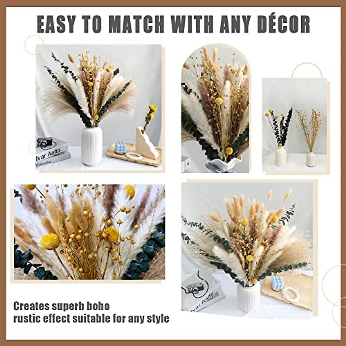 115pcs Dried Pampas Grass - Natural Pompas Grass Boho Dried Flowers Bouquet , DIY Short Pampas Grass Artistic Home Decor for Wedding Floral Arrangements and Bedroom
