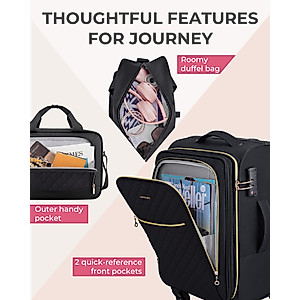 BAGSMART Carry On Luggage 20 Inch, Expandable Suitcase, Luggage with Duffel Luggage Airline Approved Rolling Softside Suitcases Women Men, Carry-On Black Square Quilted