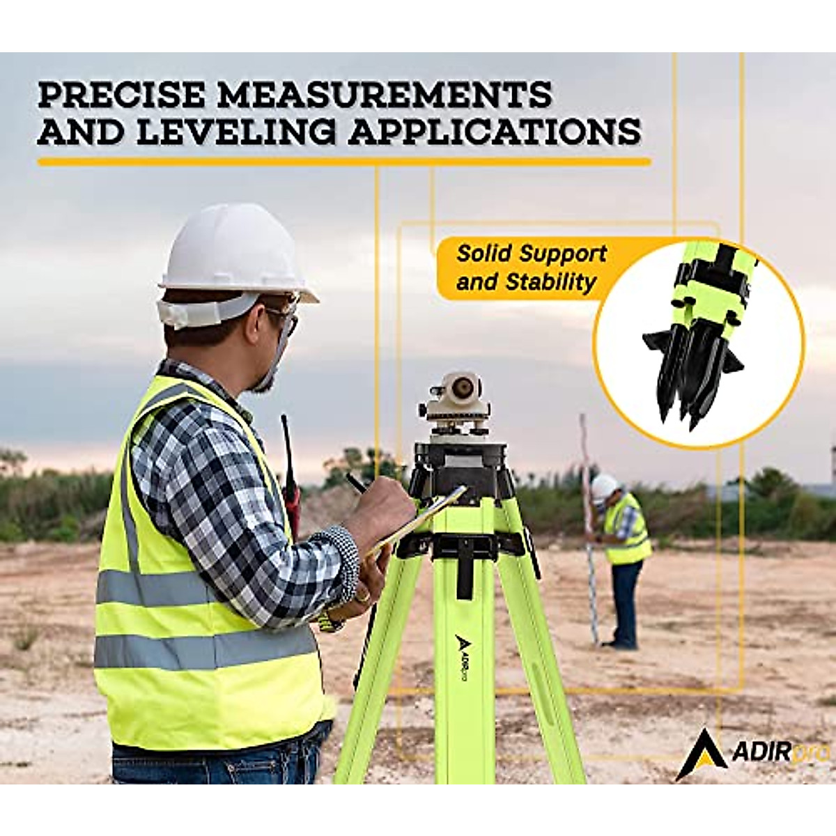 AdirPro High Visibility Universal Survey Tripod – Aluminum Laser Level Tripod – Transit Level Tripod - Quick Clamp - Heavy Duty Contractor Tripod 5/8” x 11” Thread (Green)