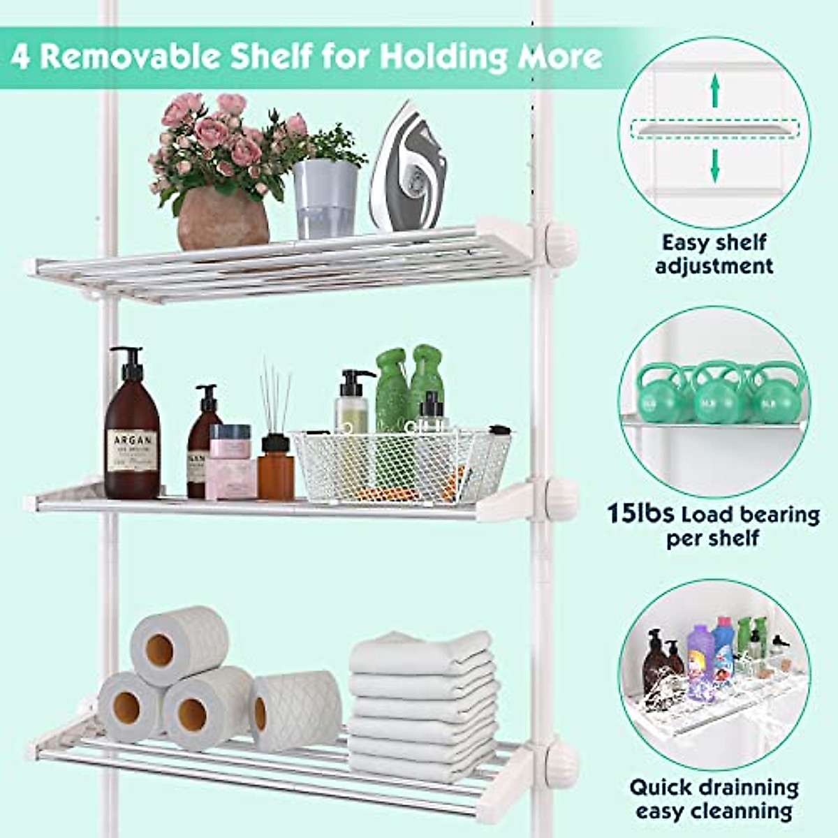 Lilyvane 4 Tiers Over The Toilet Storage, 97 to116” Adjustable Tension Pole Over Toilet Bathroom Organizer, Freestanding Bathroom Shelves Over Toilet for Most Showers Over The Toilet Shelf