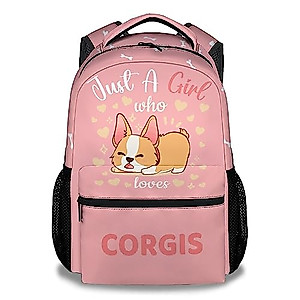KNOWPHST Corgi Backpacks for Girls Boys, 16 Inch Cute Backpack for School, Pink, Large Capacity, Durable, Lightweight Bookbag for Kids Travel