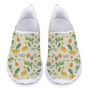 MARSVOVO Yellow Slip On Walking Shoes for Women Fashion Mesh Comfortable Sneakers Lightweight Breathable Air Knitted Non Slip Tennis Running Athletic Gym Sports Yoga Travel Shoes,Dinosaur,Size 9.5 US