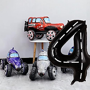 Race Car Birthday Balloon Number 4-40 Inch Big Foil Mylar Racetrack Black 4 Balloon for Boys 4th Birthday Party Decorations Racing Car Theme Party Supplies Anniversary Celebrations Decor