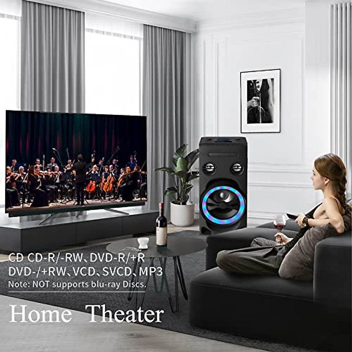 Home Stereo System CD/DVD Player, Bluetooth Party Speaker with Karaoke MIC Ports x 2, Floorstanding Soundsystem with LED Lightshow, Bass/Echo Adjustable