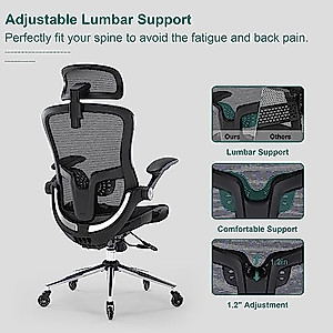 Ergonomic Mesh Office Chair, Home Office Desk Chairs with Adjustable Backrest, High Back Computer Desk Chair with Adjustable Headrest and Flip-Up Arms, Swivel Task Chair (Black)