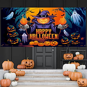 Trgowaul Happy Halloween Decorations, Happy Halloween Garage Door Decorations, Large Halloween Pumpkin Ghost Banner Backdrop, Halloween Outdoor Party Supply Photography Background Sign Poster 6x13ft