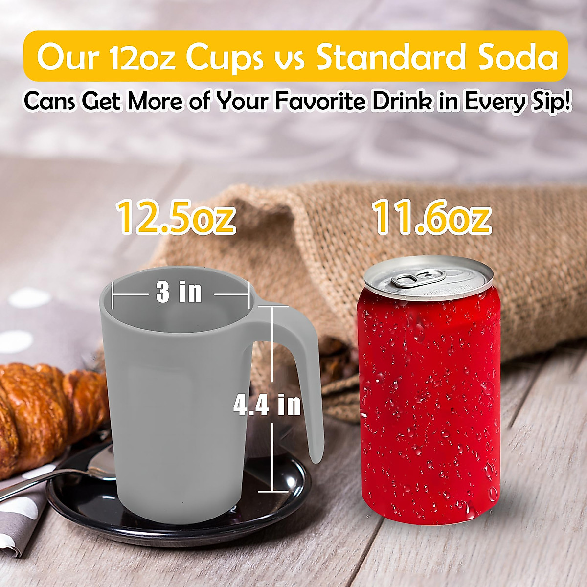 zoeynex Reusable Plastic Cups (12 oz) - Set of 4 | Unbreakable Plastic Coffee Mugs with Handles | Dishwasher and Microwave Safe | BPA Free & Eco-Friendly | Ideal Plastic Drinking Cups for Kitchen