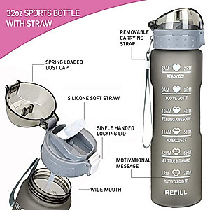 32oz Leakproof Water Bottle with Time Marker & Straw lid to Ensure You Drink Enough Water Throughout The Day for Fitness and Outdoor Enthusiasts, BPA Free, With straw Brush (1 Water Bottle)