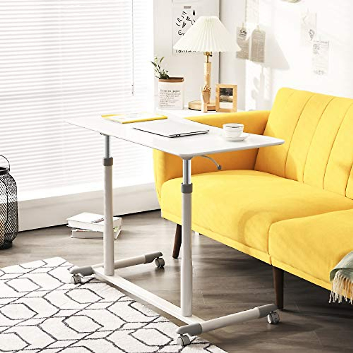 Tangkula Mobile Computer Desk with Steel Frame, Small Height Adjustable Rolling Compact Stand Up Desk on Wheels, MDF PVC Tabletop, Ideal for Home Office, White