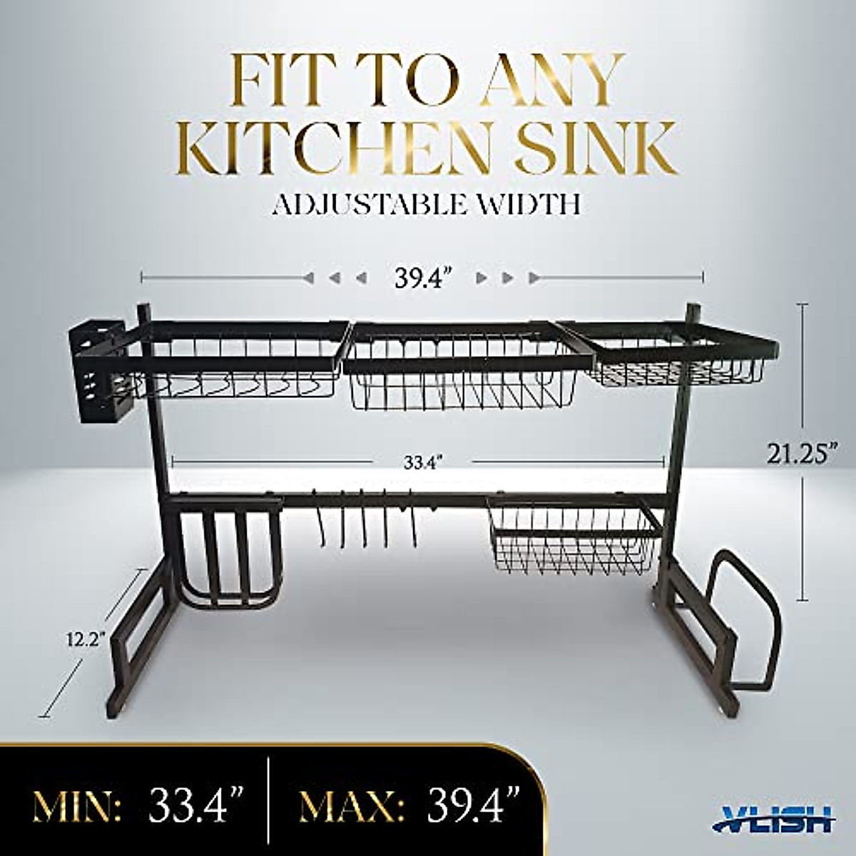 Vlish Over The Sink 2 Tier Dish Drying Rack - Expandable Length 35-42in | Space-Saving, Rust-Resistant, Non-Slip Foot Rubber | Stainless Steel Kitchen Counter Drainer Organization Storage Shelf