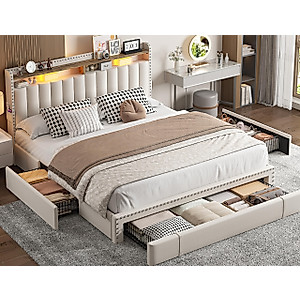 EnHomee Queen Bed Frame with Headboard and 3 Large Drawers, Upholstered Platform Bed Frame Queen Size with Storage, Queen Size Bed Frame with Headboard, Sturdy, No Box Spring Needed, No-Noise, Beige