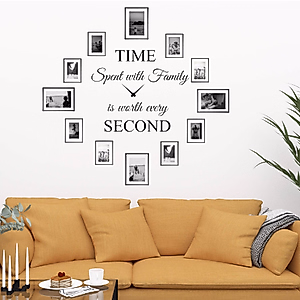 World of Wall Decal Time Spent with Family is Worth Every Second Wall Decal Decor Clock Family Quote Saying Vinyl Wall Art DIY The Photo Frames are not Included (22Wx22L) Matte Black