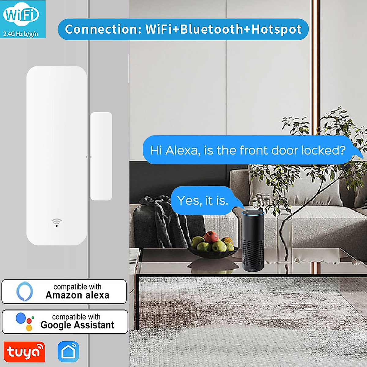 WiFi Door Sensor, Tuya Smart Door Window Sensor, Smart Window Sensor Real-time Alarm Compatible with Alexa Google Assistant,Home Security Door Open Contact Sensor for Business Burglar Alert (1 Pack)