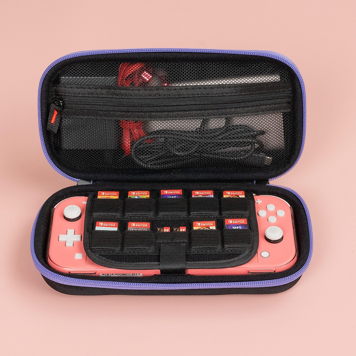 ButterFox Extra Large Carrying Case for Nintendo Switch Lite, Fits AC Adapter Charger, Compatible with JETech Protective Case and Most Grips, Game and Accessories Storage (Black/Purple)