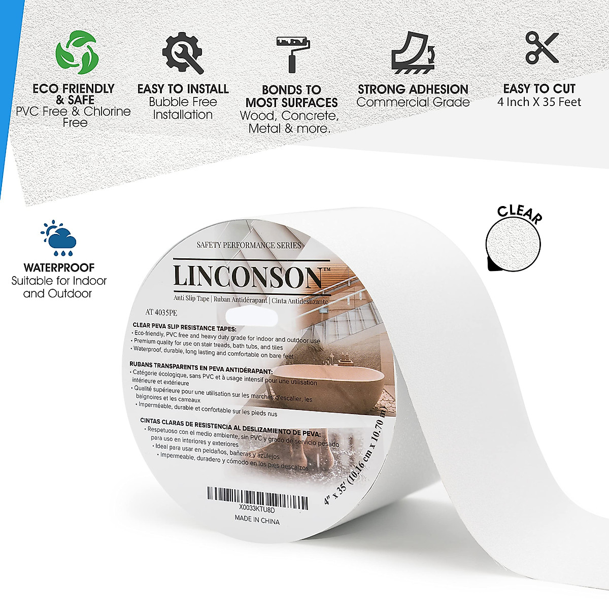 linconson 4 Inch x 35 Feet Clear Slip Resistant Stairs Tread Grip & Anti Slip Tape,Indoor Use-Clear-PVC Free