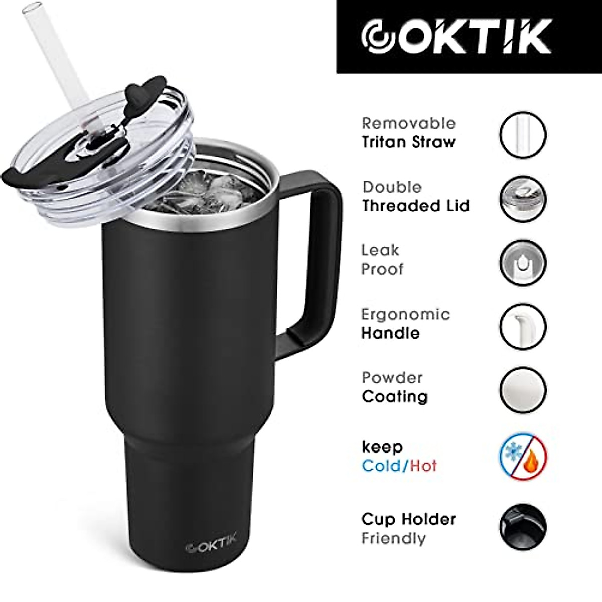 COKTIK 40 oz Tumbler With Handle and Straw Lid, 2-in-1 Lid (Straw/Flip), Vacuum Insulated Travel Mug Stainless Steel Tumbler for Hot and Cold Beverages(Black)