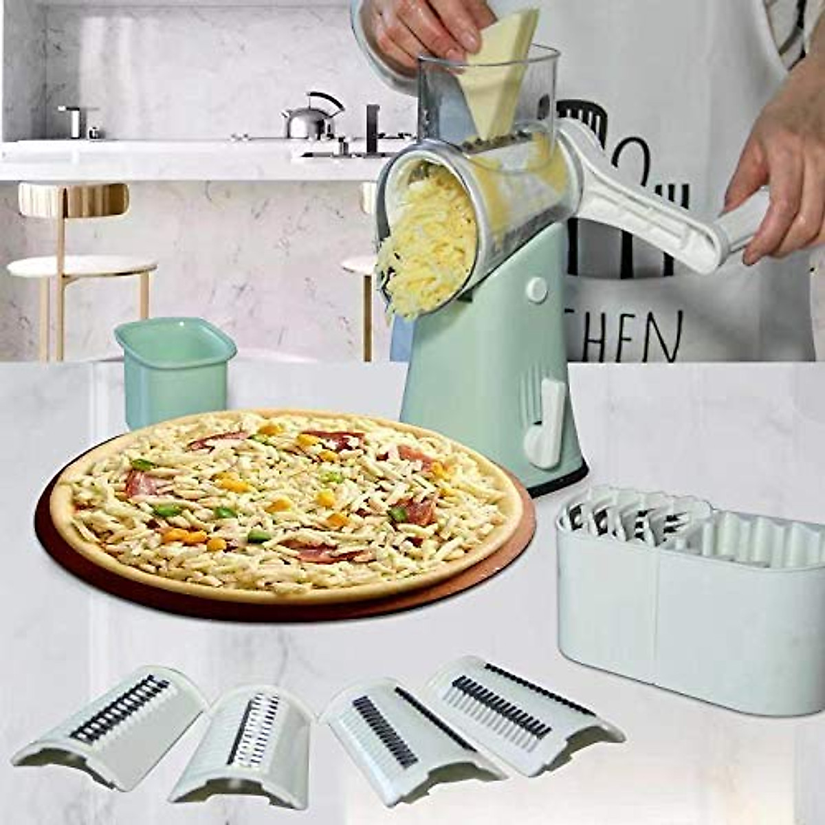VEKAYA 5 in 1 Rotary Cheese Grater with Handle [5 Interchangeable Stainless Steel Blades] Cheese Shredder Food Vegetable Grader Hand Crank Grater for Kitchen Gift with Bonus Storage Box for Blades