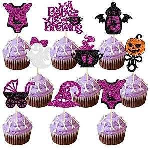Gyufise 24Pcs Halloween Baby Shower Cupcake Toppers A Baby Is Brewing Cupcake Picks Witch Pregnant Women Halloween Gneder Reveal Cupcake Decorations Party Supplies Purple