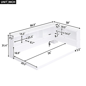 Wood Twin Size Daybed with Storage Bookcases Cabinets and USB Ports, Twin Platform Bed with Headboard, Twin Size Sofa Bed Frame for Bedroom Living Room, Box Spring Needed (White)