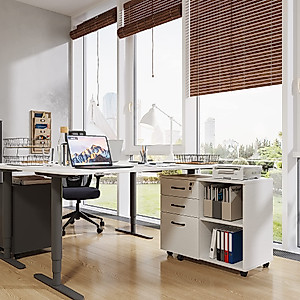 Gyger 3 Drawer File Cabinet for Home Office, Lateral Filing Cabinet with Open Storage Shelf, Mobile Lateral Printer Stand with Wheels and Storage，Wood File Cabinet with Lock(White)