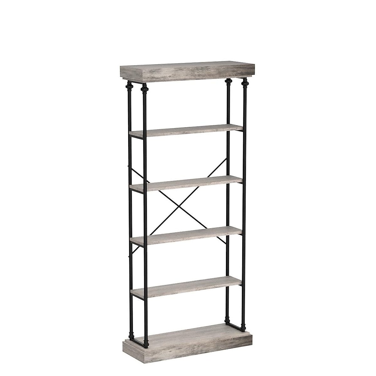 IDEALHOUSE Industrial Bookshelf Wood Bookcase 6 Tier Storage Open Rack Shelf with Metal Frame Rustic Tall Standing Bookshelves Large Grey Display Rack for Bedroom,Living Room and Home Office