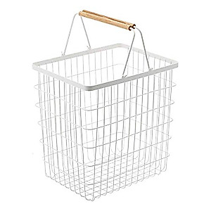 YAMAZAKI Wire Home Wooden Handles | Steel + Wood | Large | Laundry Basket, White