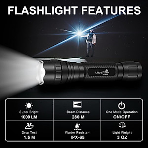 ULTRAFIRE Tactical Flashlight with Holster, Single Mode LED Flashlight 1000 High Lumen Duty Flashlights with Belt Holster and Charger, Bright Small Flash Light WF-501B