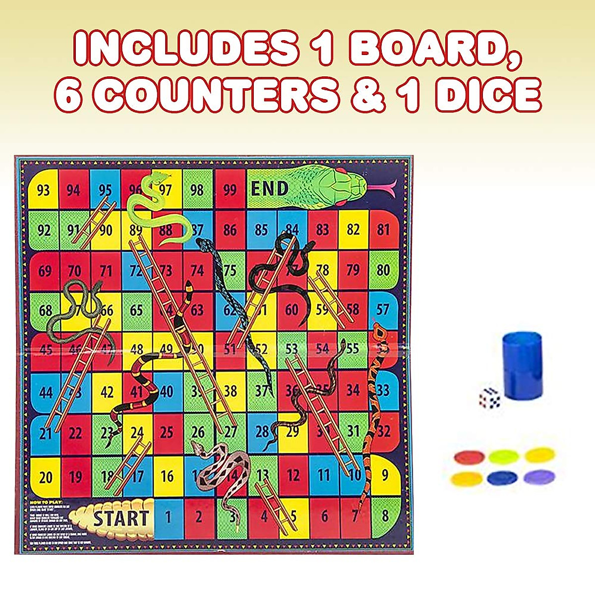 Gamie Snakes and Ladders Board Game for Kids, Complete Set with Board, 6 Pegs, and Dice, Classic Fun for Family Game Night and Classroom, Best Birthday Gift Idea for Boys and Girls