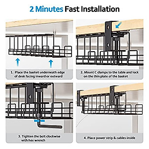 2 Packs Large Under Desk Cable Management Tray - Yecaye Clamps Install No Drill to Desk Cable Rack - No Damage to Tables - Desk Cord Organizer - Sturdy Metal Cable Management Tray for Office Home