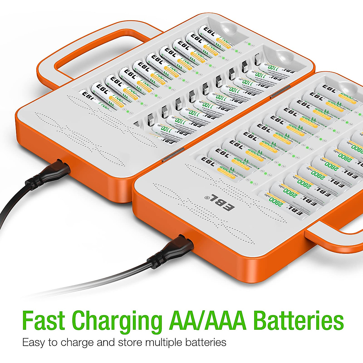 EBL 40Slot Battery Charger for 1/2/3...19/20/21...38/39/40 pcs AA AAA Rechargeable Batteries - Advanced Multiple Battery Charger - Handle Design(Batteries not Included)