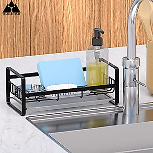 VOLCANOES CLUB Kitchen Sink Sponge Holder with Dish Soap Dispenser & Sponge | Stainless Steel Countertop Sponge Rack | Over The Sink Caddy Organizer with Removable Drain Tray - Black/Large