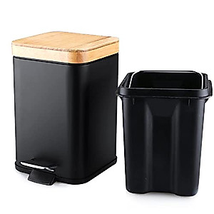 Mini Bathroom Trash Can with Bamboo Lid Soft Close, 0.8 Gal / 3 L Square Step Garbage Container Bin with Removable Inner Wastebasket for Bedroom, Kitchen, Office (Black)