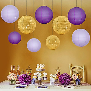 Graduation Decorations Purple Gold 2024 Furuix Purple Birthday Decorations Glitter Gold/Purple Paper Lanterns Purple Birthday/Baby Shower/ Bridal Shower/Wedding Decorations/Lsu Decorations