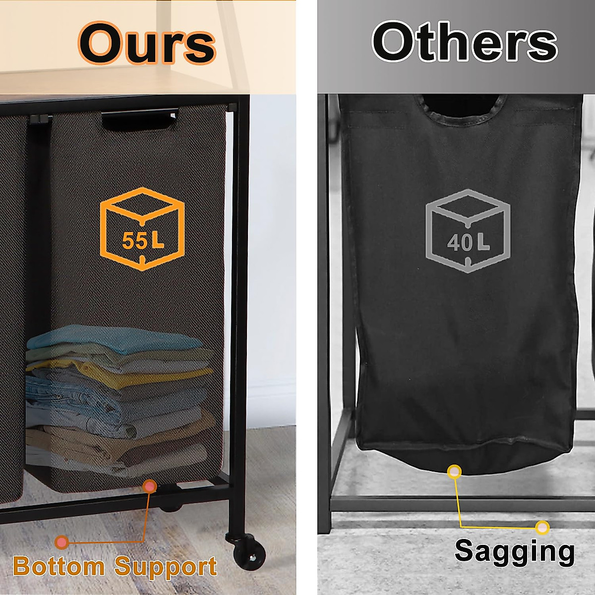 Timberer Laundry Hamper, Laundry Sorter 3 Section, Rolling Laundry Basket with Wheels, 2 Drawers, 2 Shelves, 3 × 14.5 Gal, Pull-Out and Removable Laundry Bags, Laundry Room, Black and Rustic Brown