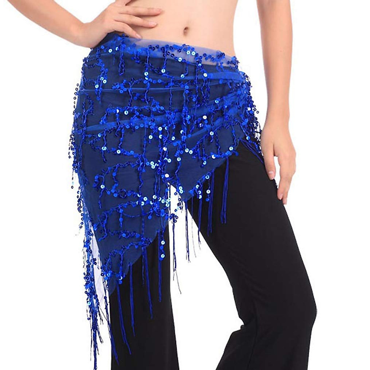 Lauthen.S Women Belly Dance Hip Scarf, Sequin Tassels Triangle Tribal Wrap Skirt Waist Chain Royal Blue