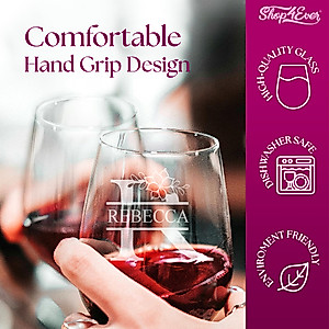 Custom Personalized Initial Name Floral Flower Inspired Monogram Laser Engraved Stemless Wine Glass 15 oz Gift for Her Wedding Mother's Day