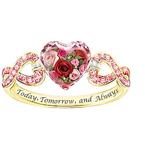 Awmnjtmgpw 18K Rose Gold Pink Gem Diamond Set Cubic Zircon Diamond Ring Rose Heart-Shaped Wreath Engagement Ring Valentine's Day Gift Women's Precious Jewelry Size 6-10 (Size 9)