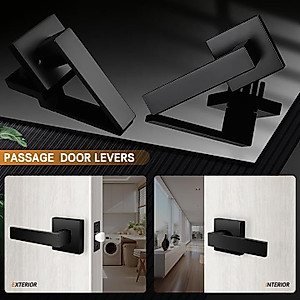 Probrico 4 Pack| Square Passage Levers Matt Black Hall and Closet Door Handles, Heavy Duty Interior Keyless Non-Locking Levers, Rectangular Handle for Right/Left Handed Doors