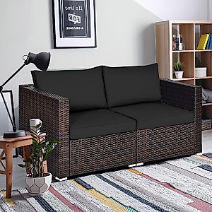 HAPPYGRILL 2 Pieces Patio Sofa Set Rattan Wicker Corner Sofa Set with Zippered Cushions for Backyard Balcony Porch Garden Poolside