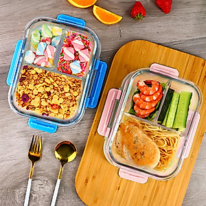 HAKEEMI 5-Pack,3 Compartment Glass Meal Prep Containers Set,34oz, Divided Food Storage Containers with Lids, Glass Lunch Box with 3 Dividers