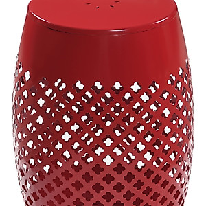 AC Pacific Outdoor Indoor Lace Cut Side Table, Powder-Coated Iron Pedestal Stand, Drum Shaped Accent Furniture for Patio, Living Room or Bedroom, Red