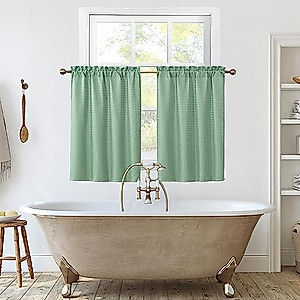 Home Queen Water Resistant Bathroom Window Curtains, Waffle Textured Half Cafe Curtain Tier for Kitchen, 28 W X 45 L Inches, Set of 2, Sage