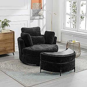 360° Swivel Accent Barrel Chair and Half Crescent Moon Storage Bench Large Ottoman with 4 Pillows,Upholstered Oversized Leisure Round Loveseat Recliner Sofa Chaise Lounge Circle Armchair for Club