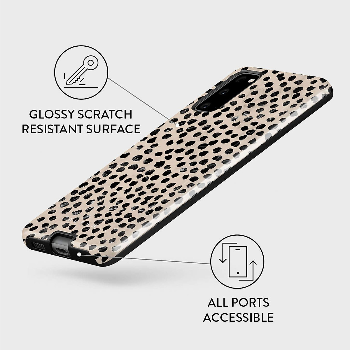 BURGA Phone Case Compatible with Samsung Galaxy S20 - Hybrid 2-Layer Hard Shell + Silicone Protective Case -Black Polka Dots Pattern Nude Almond Latte - Scratch-Resistant Shockproof Cover