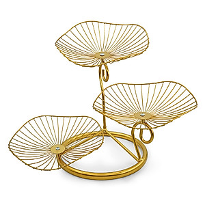 BUDO Metal Fruit Basket, 3-Tier Decorative Fruit Bowl, Wire Vegetables Snacks Metal Bowl Storage Trays Table Countertop, Modern Veggie Holder Stand for Home Kitchen Centerpiece, Gold