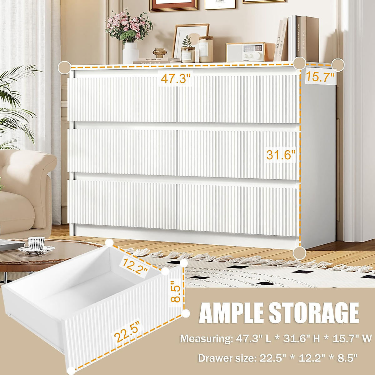 Jocoevol White Dresser 6 Drawer Dresser for Bedroom, Modern Fluted Dresser with Deep Drawers, Large Double Wooden Dresser Chest of Drawers for Living Room, Hallway, Entryway (White)