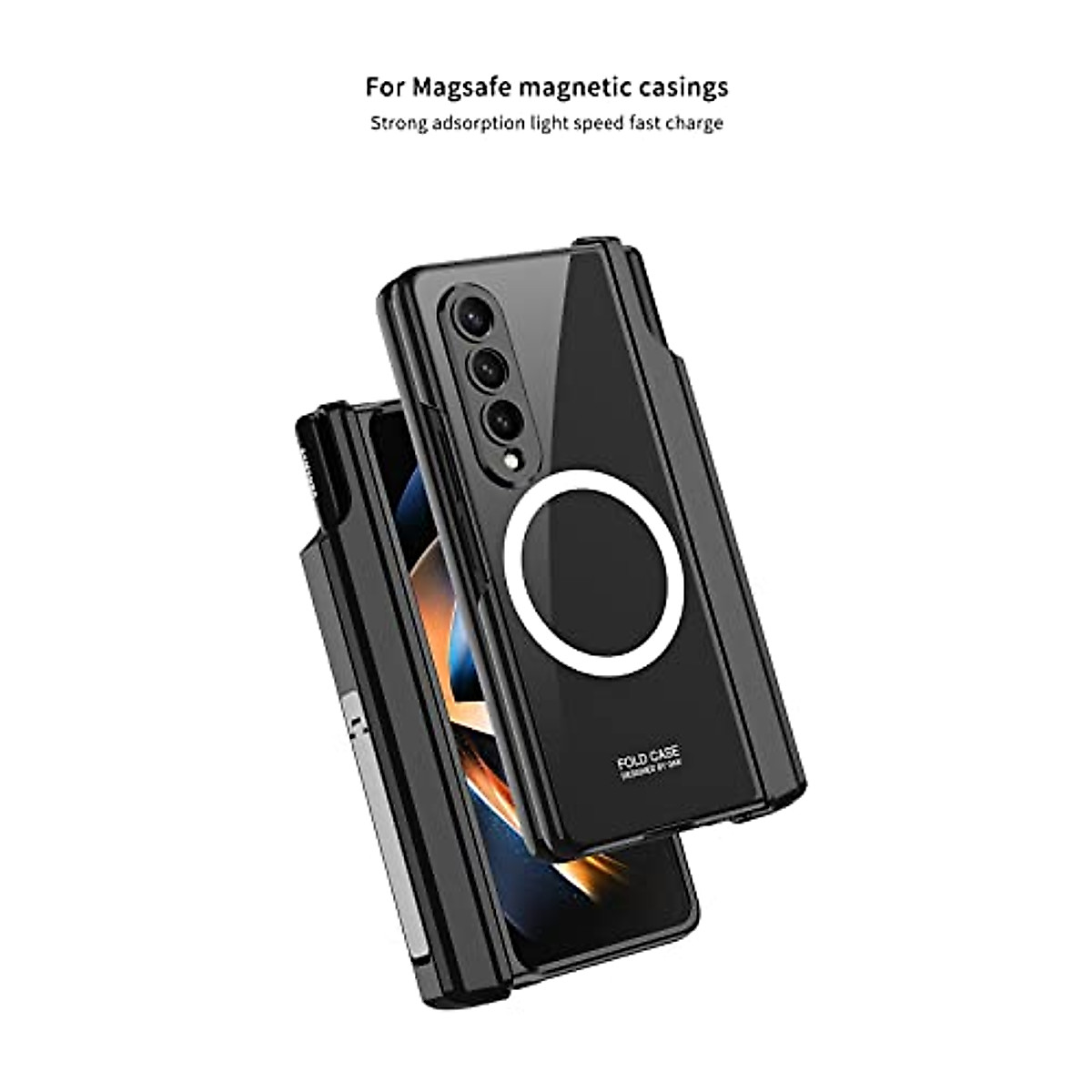 BAILI Galaxy Z Fold4 Magnetic Case,Support Magsafe and Wireless Charger for Z Fold 4,Ultra -Magnetic Suction Z Fold4 Case with Kickstand & S Pen Holder Adapts Vehicle Bracket Clear Mirror Cover Black