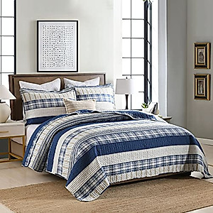 YUMIYUSHI Quilt Queen Size - Cotton Striped Queen Quilt Set,Navy Blue Tan White Plaid Queen Quilt Bedding Set ，Farmhouse Bedspreads Lightweight Reversible 3 Piece