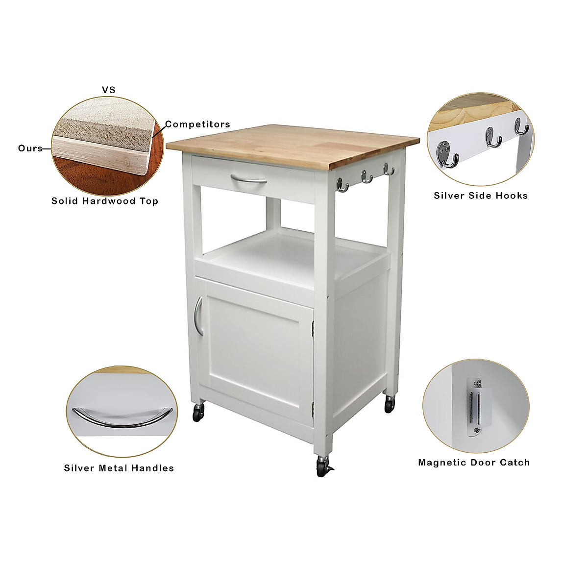 eHemco Kitchen Island Cart on Wheels with Drawer, Storage Cabinet, Shelf and Natural Solid Hardwood Top, White Base