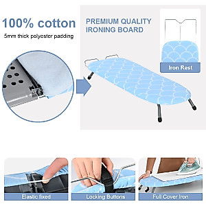 Foldable Ironing Board, Portable Iron Board with Iron Rest, Tabletop Small Ironing Board with 2 Heat Resistant Ironing Covers, Mini Ironing Board with Non-Slip Feet for Bathroom, Laundry Rooms, Dorms